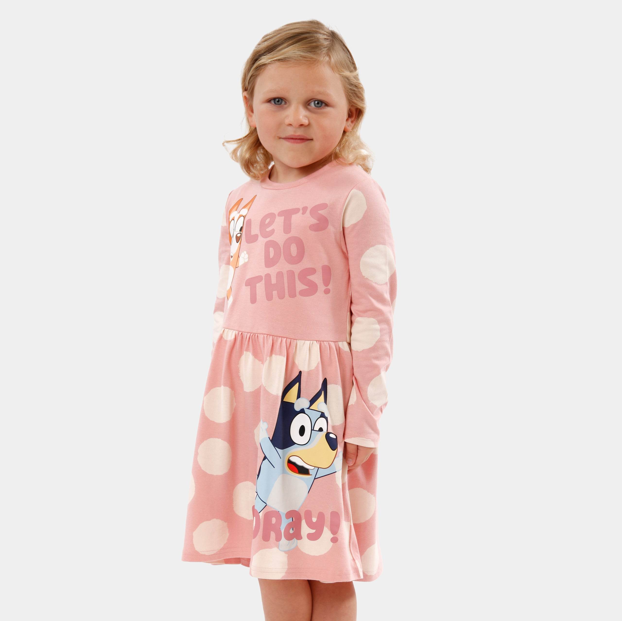 Bluey Girls Long Sleeve Dress | 100% Cotton | Bingo & Bluey | Pink ...