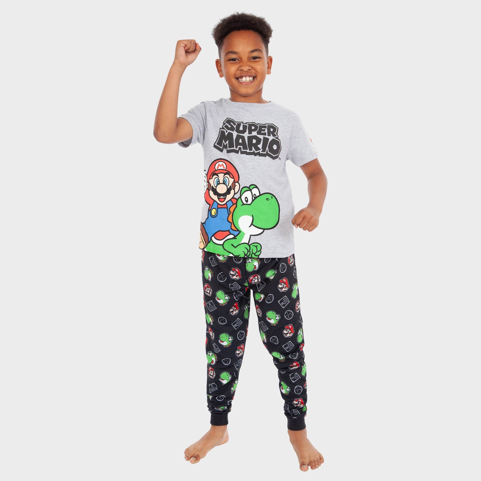 Super Mario Kids PJs | Mario & Yoshi Cotton Pyjamas | Grey/Black ...