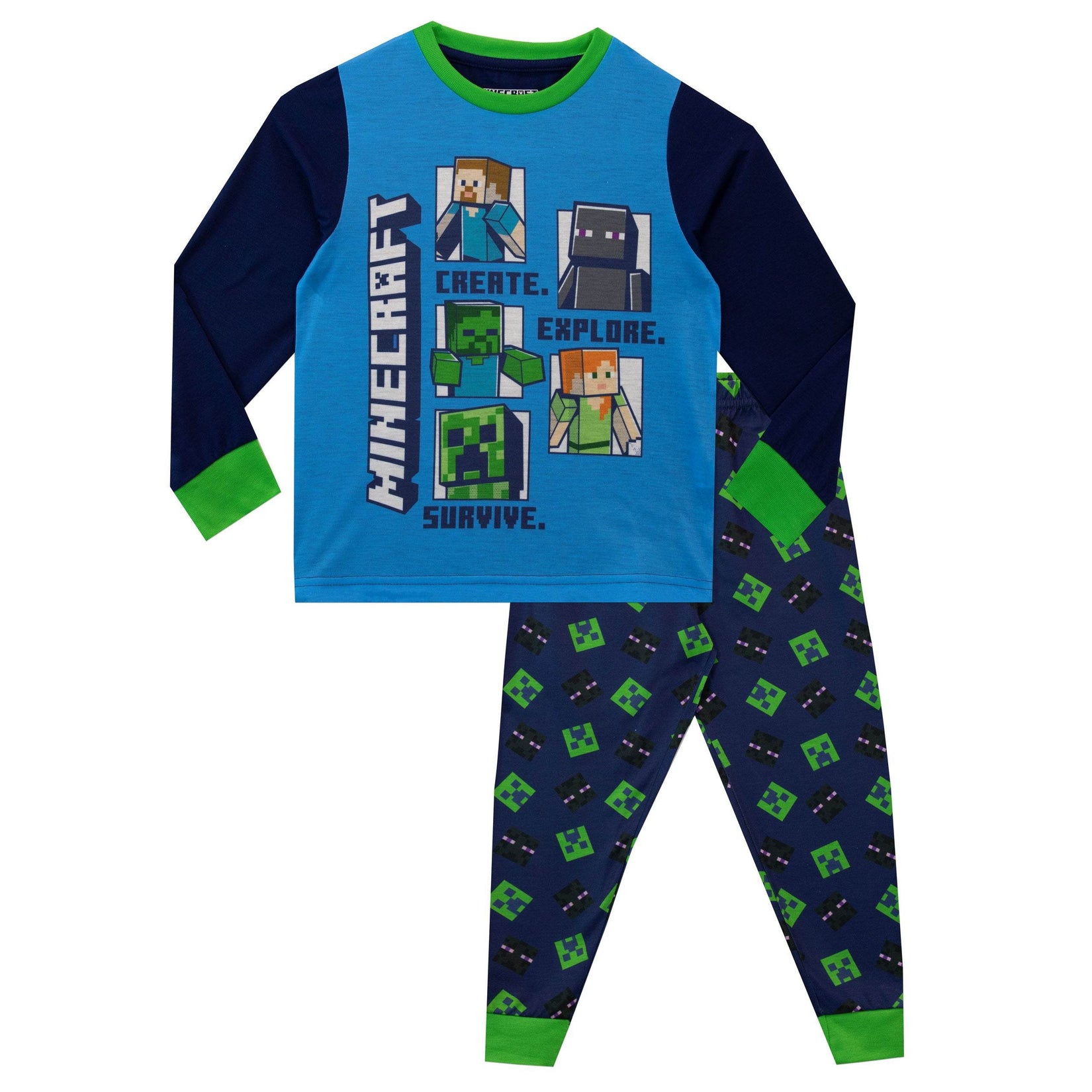 Minecraft Boys Pyjamas | Kids Creeper PJs | 100% Polyester | Blue/Green ...