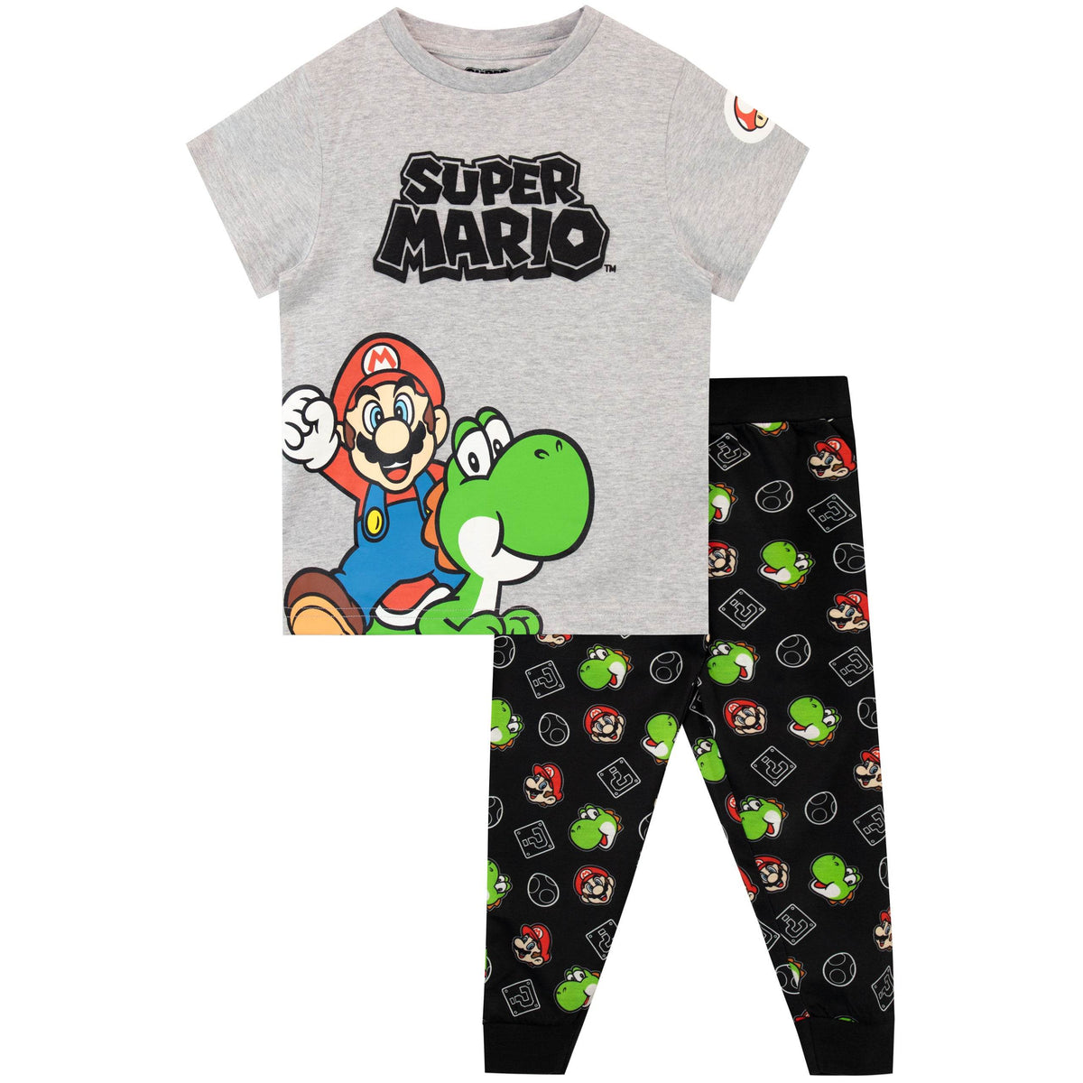 Super Mario Kids PJs | Mario & Yoshi Cotton Pyjamas | Grey/Black ...